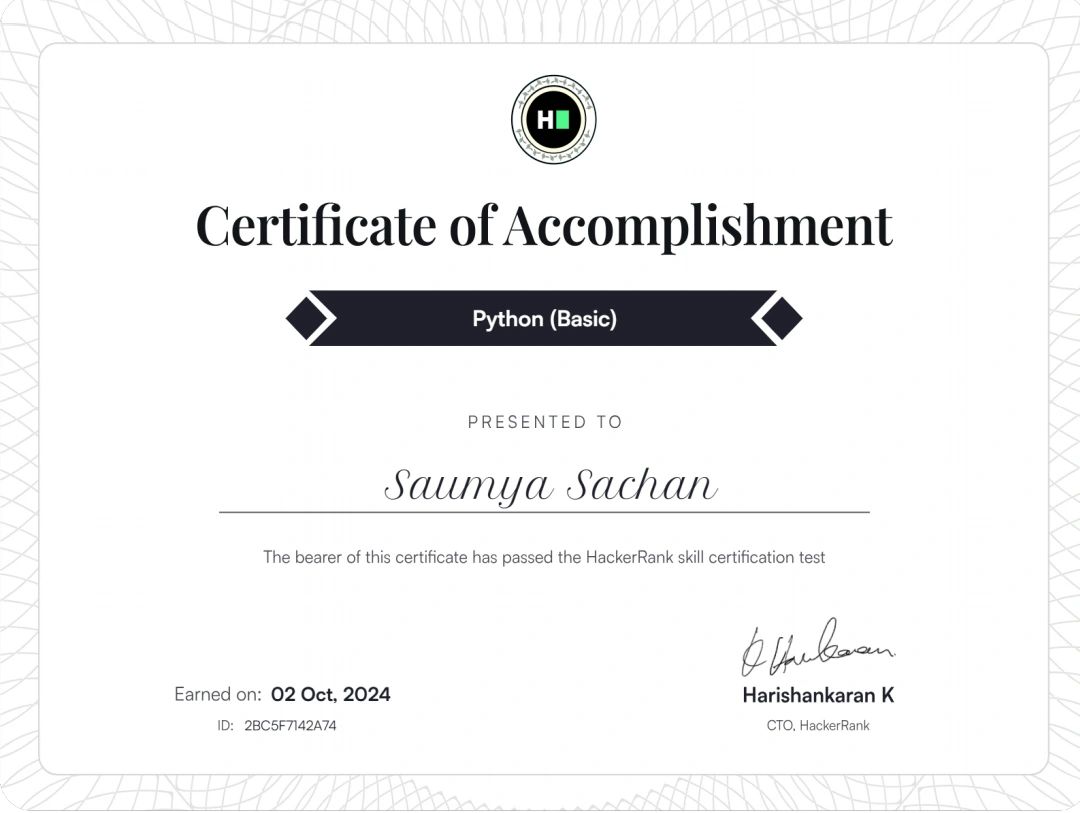 Saumya Sachan on LinkedIn: #python #hackerrank #certification #coding # ... Saumya Sachan on LinkedIn: #python #hackerrank #certification #coding # ...