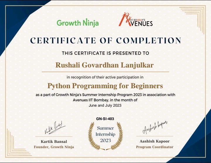 Rushali Lanjulkar on LinkedIn: #pythonprogramming #python #internship2023 Rushali Lanjulkar on LinkedIn: #pythonprogramming #python #internship2023