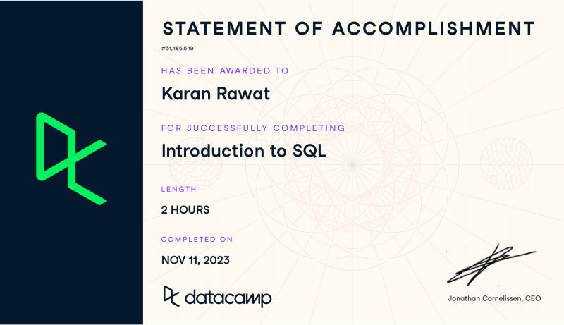 Karan Rawat on LinkedIn: #sql #dataskills #accomplishment Karan Rawat on LinkedIn: #sql #dataskills #accomplishment