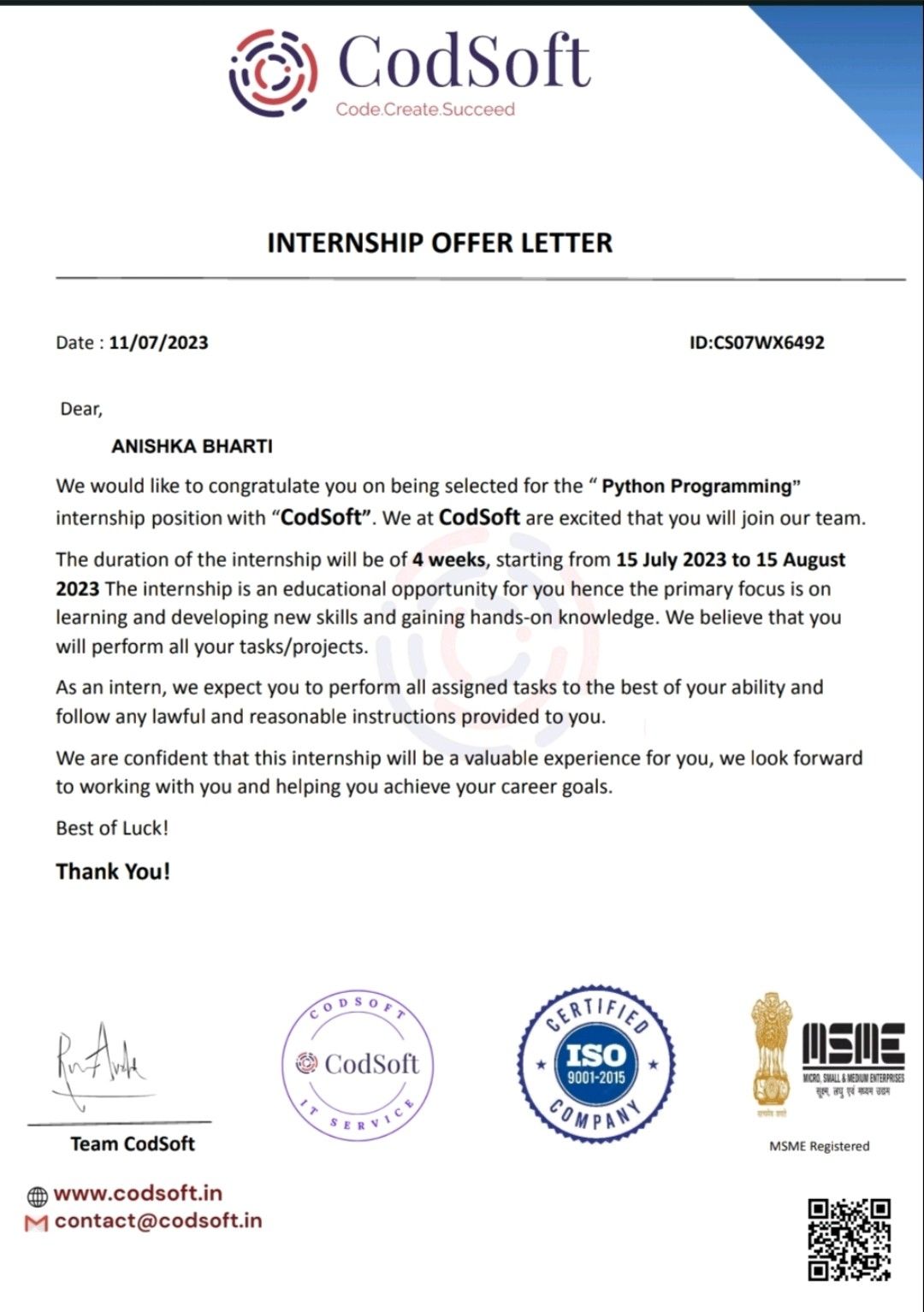 Anishka Bharti on LinkedIn: #programming #python #internship Anishka Bharti on LinkedIn: #programming #python #internship