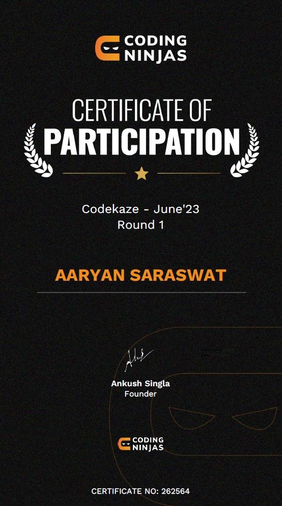 🏆 Proudly presenting the Certificate of Participation 🎉 | Aaryan Saraswat 🏆 Proudly presenting the Certificate of Participation 🎉 | Aaryan Saraswat
