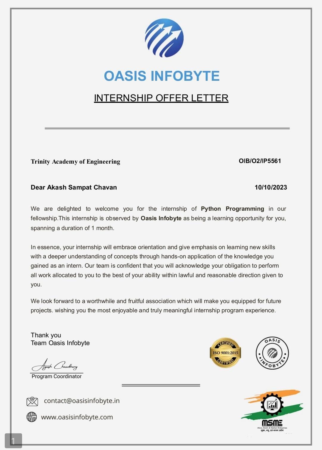 Joining Oasis Infobyte for Python internship | Akash Chavan posted on ... Joining Oasis Infobyte for Python internship | Akash Chavan posted on ...