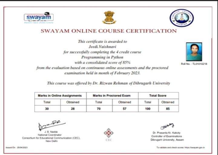 JEEDI VAISHNAVI on LinkedIn: #nptel #swayam #pythonprogramming JEEDI VAISHNAVI on LinkedIn: #nptel #swayam #pythonprogramming