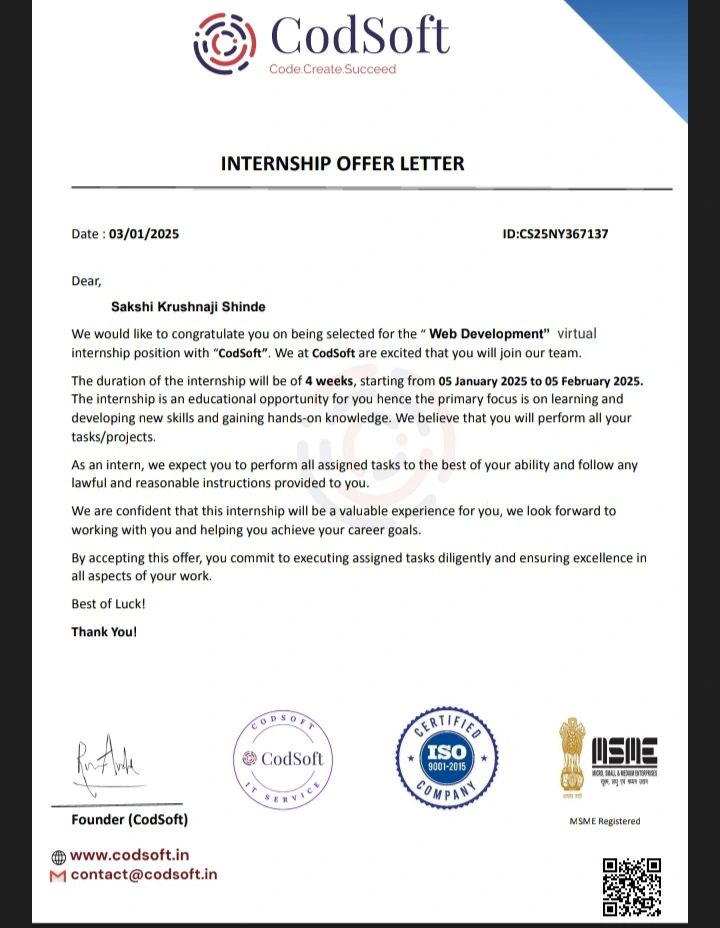 #internship #codsoft | Sakshi Shinde #internship #codsoft | Sakshi Shinde