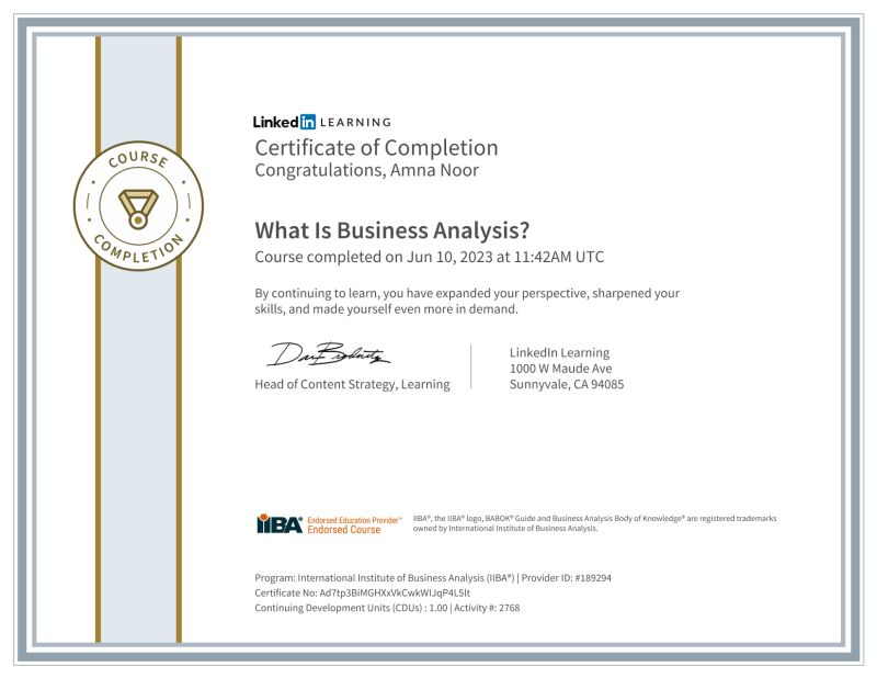 Certificate of Completion | Amna Noor Certificate of Completion | Amna Noor