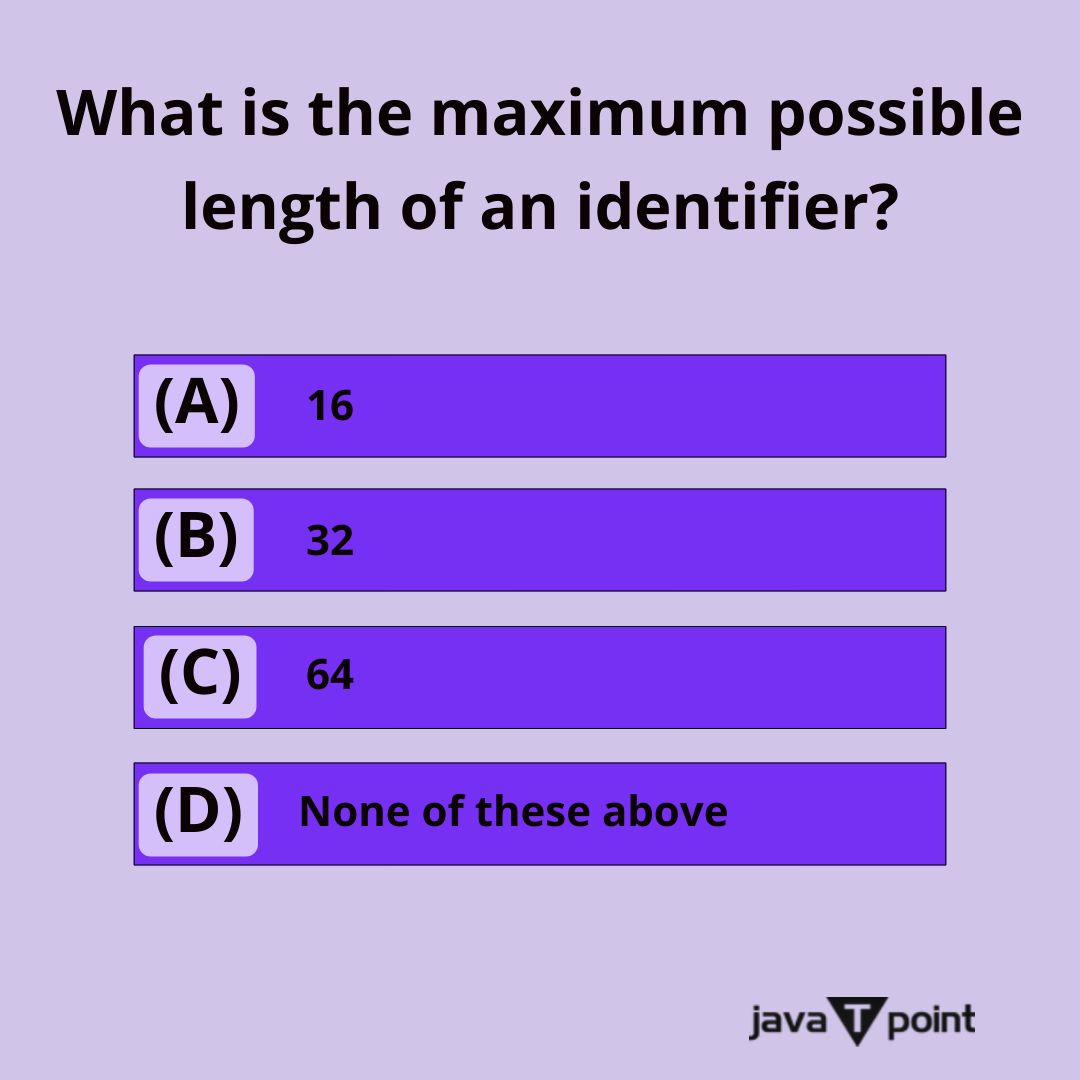 What is the maximum length of an identifier? Q. no 1 | Tpoint Tech ... What is the maximum length of an identifier? Q. no 1 | Tpoint Tech ...