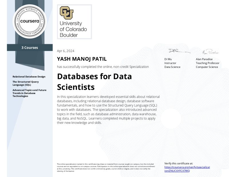 #datascience #databases #specializationcomplete | Yash Manoj Patil #datascience #databases #specializationcomplete | Yash Manoj Patil