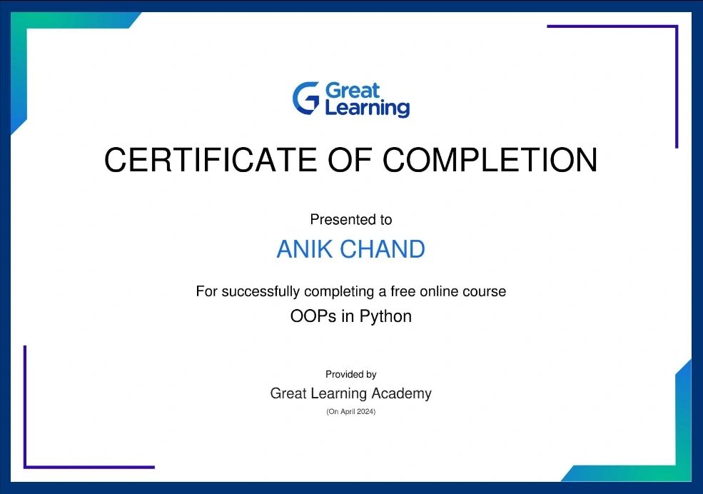 Anik Chand on LinkedIn: #certificate #greatlearning #oops # ... Anik Chand on LinkedIn: #certificate #greatlearning #oops # ...