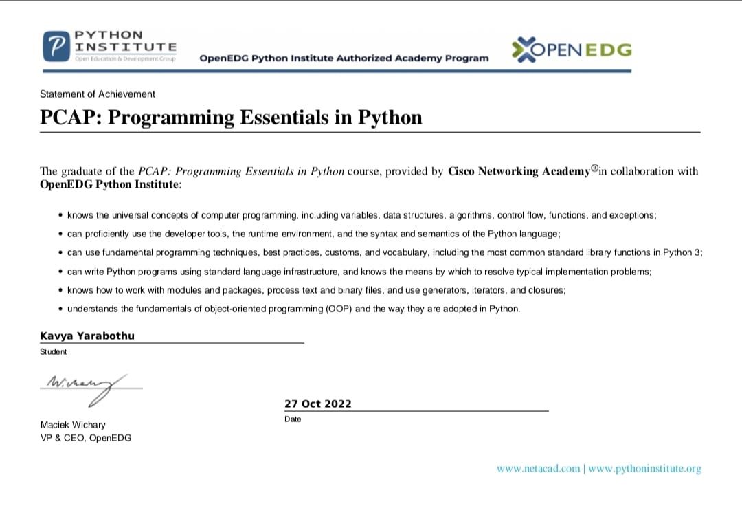 Kavya Yarabothu on LinkedIn: #python #programming #certification # ... Kavya Yarabothu on LinkedIn: #python #programming #certification # ...