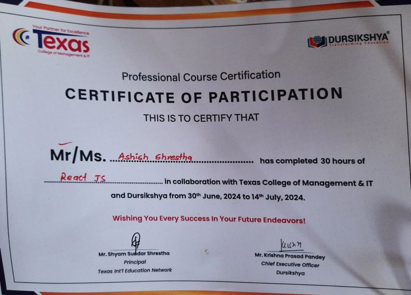 Ashish Shrestha on LinkedIn: #react #certification #webdevelopment # ... Ashish Shrestha on LinkedIn: #react #certification #webdevelopment # ...