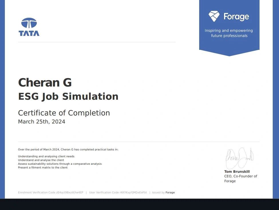 Graduated from TATA for ESG job simulation | Cheran G posted on the ... Graduated from TATA for ESG job simulation | Cheran G posted on the ...