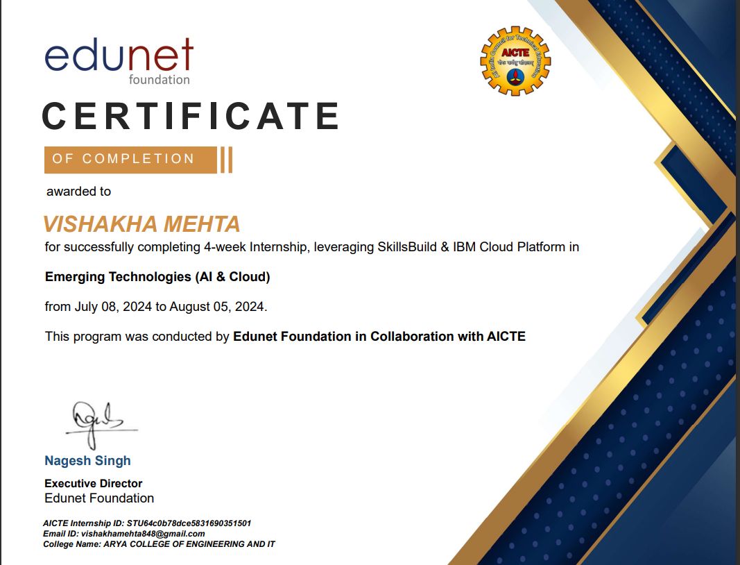 Vishakha Mehta on LinkedIn: #edunet #internship Vishakha Mehta on LinkedIn: #edunet #internship
