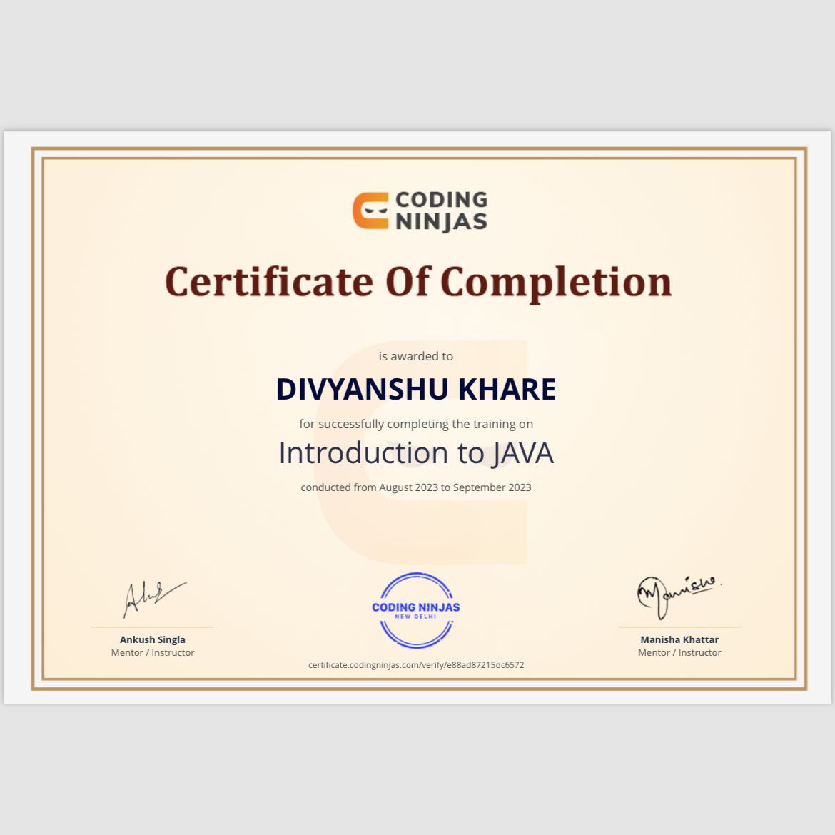 Divyanshu Khare on LinkedIn: #codingninjas #java #certification Divyanshu Khare on LinkedIn: #codingninjas #java #certification
