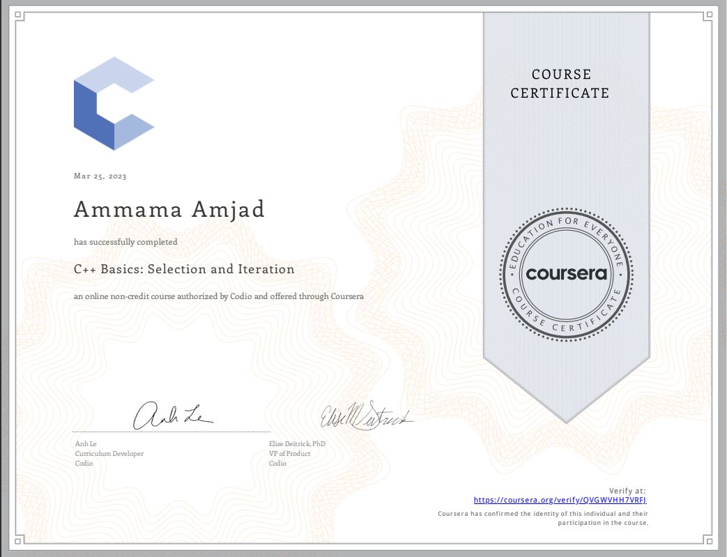 Ammama Amjad on LinkedIn: #cplusplus #codingmilestone #continuouslearning Ammama Amjad on LinkedIn: #cplusplus #codingmilestone #continuouslearning