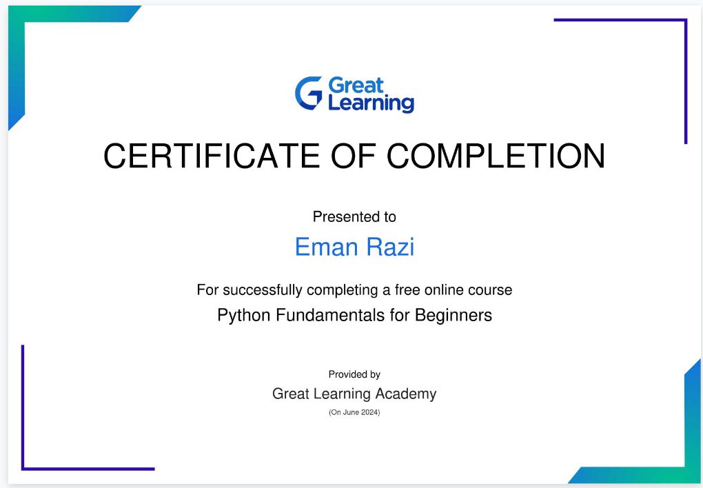 Completed Python Fundamentals course with Great Learning | Eman Razi ... Completed Python Fundamentals course with Great Learning | Eman Razi ...