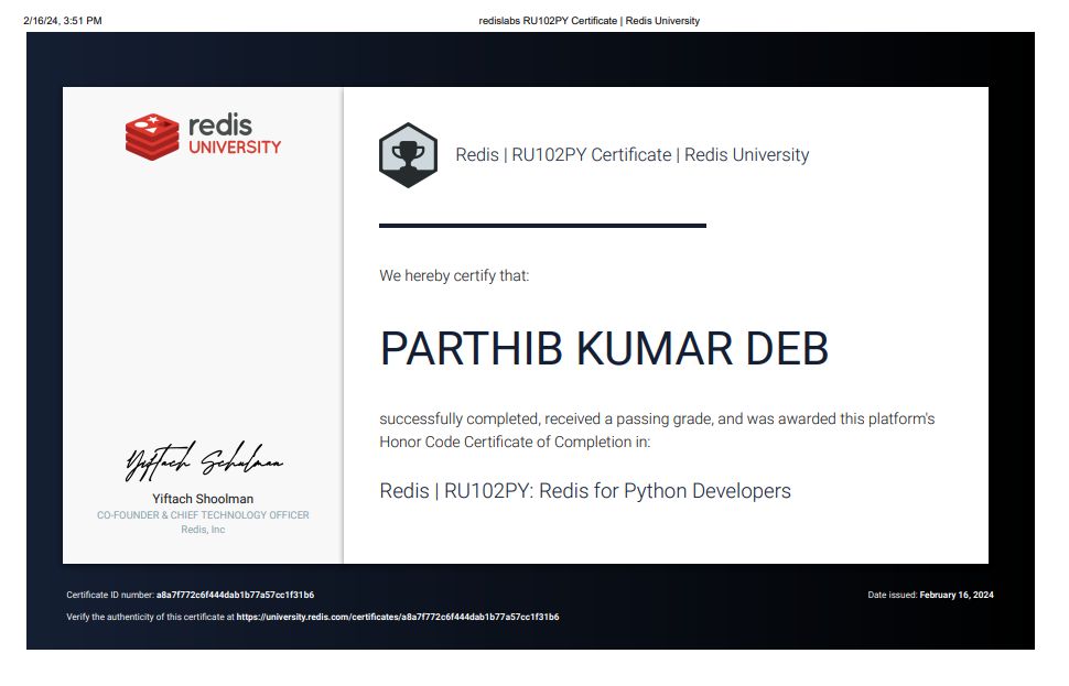 Earned a certificate on Redis for Python Devs | PARTHIB KUMAR DEB ... Earned a certificate on Redis for Python Devs | PARTHIB KUMAR DEB ...