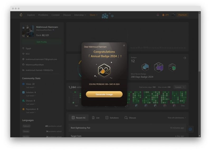Mahmoud Hamed Namnam on LinkedIn: I've earned a new badge on LeetCode 🥳 Mahmoud Hamed Namnam on LinkedIn: I've earned a new badge on LeetCode 🥳