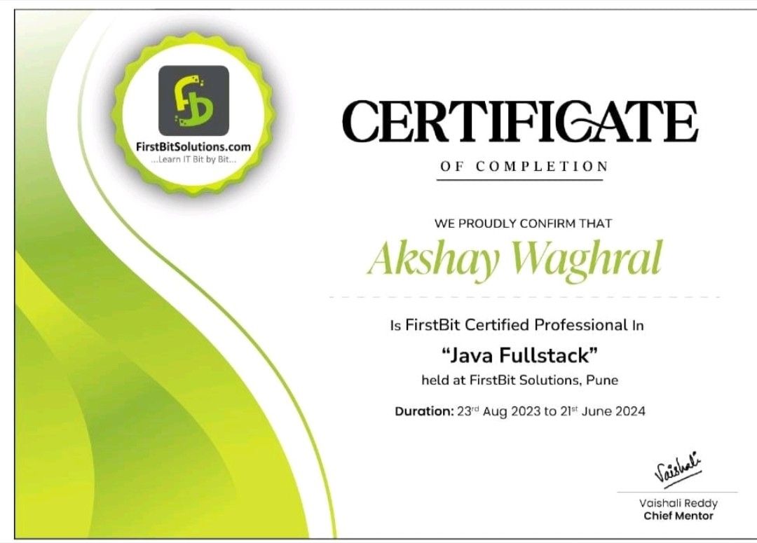 Completed a Full Stack Java Development course! | Akshay Waghral posted ... Completed a Full Stack Java Development course! | Akshay Waghral posted ...
