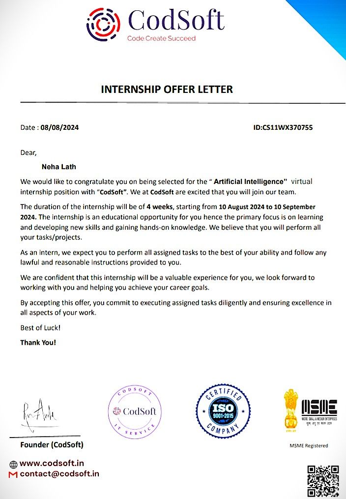 Neha Lath on LinkedIn: #codsoft #codsoft #internship #ai #development # ... Neha Lath on LinkedIn: #codsoft #codsoft #internship #ai #development # ...