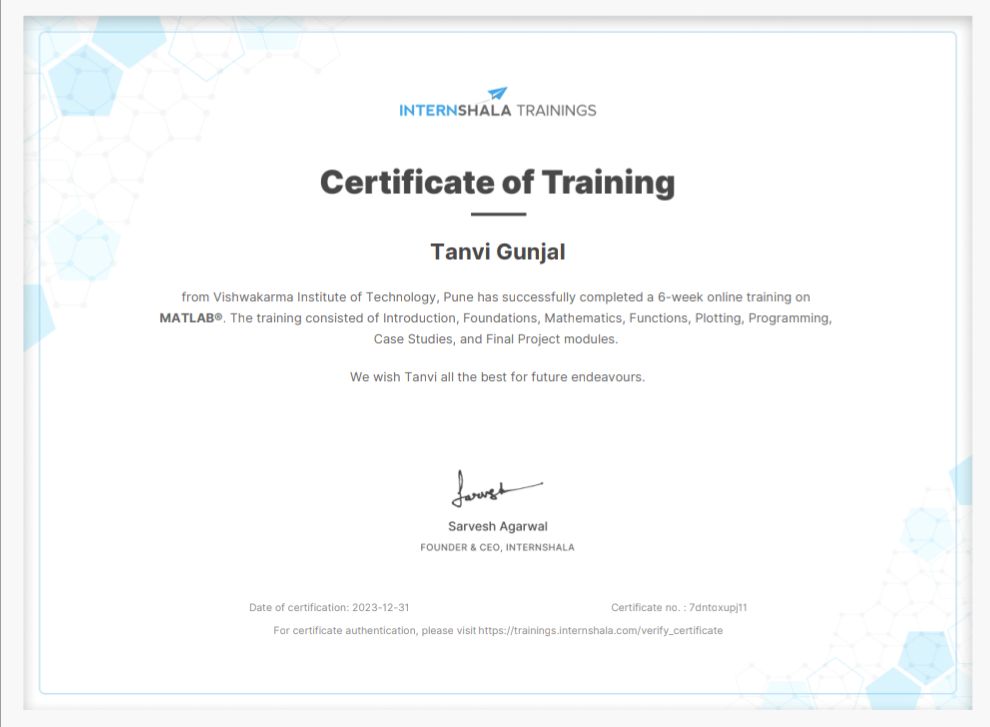 Completed MATLAB training by Internshala Trainings | Tanvi Gunjal ... Completed MATLAB training by Internshala Trainings | Tanvi Gunjal ...