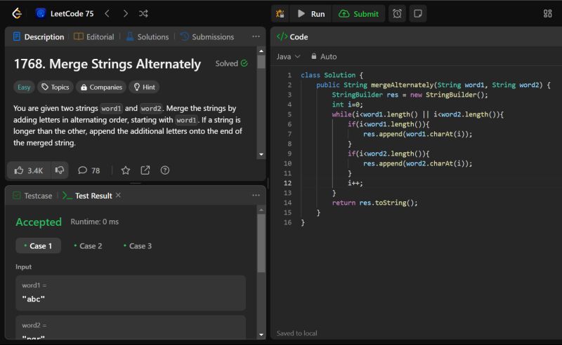 #LeetCode75Challenge: Merge Strings Alternately | Kumar Gaurav posted ... #LeetCode75Challenge: Merge Strings Alternately | Kumar Gaurav posted ...