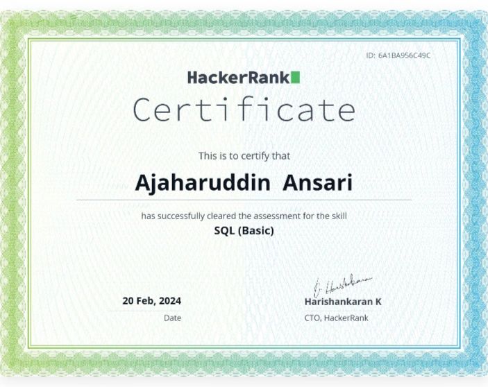 successfully completed SQL Basic quiz | AJAHARUDDIN Ansari successfully completed SQL Basic quiz | AJAHARUDDIN Ansari