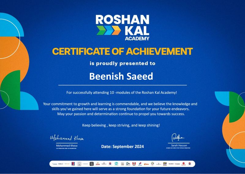Benish Saeed on LinkedIn: I completed the PepsiCo Roshan Kal Academy ... Benish Saeed on LinkedIn: I completed the PepsiCo Roshan Kal Academy ...