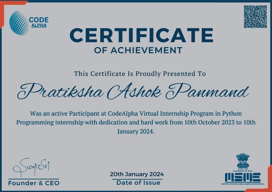 Pratiksha Panmand on LinkedIn: #codealpha #codealphainternship # ... Pratiksha Panmand on LinkedIn: #codealpha #codealphainternship # ...