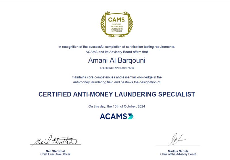 Amani Albarquoni on LinkedIn: Celebrating my CAMS certification! 💪 | 13 ... Amani Albarquoni on LinkedIn: Celebrating my CAMS certification! 💪 | 13 ...