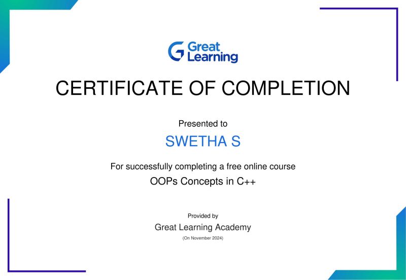 SWETHA S on LinkedIn: #oop #cplusplus #personalgrowth #greatlearning #skct SWETHA S on LinkedIn: #oop #cplusplus #personalgrowth #greatlearning #skct