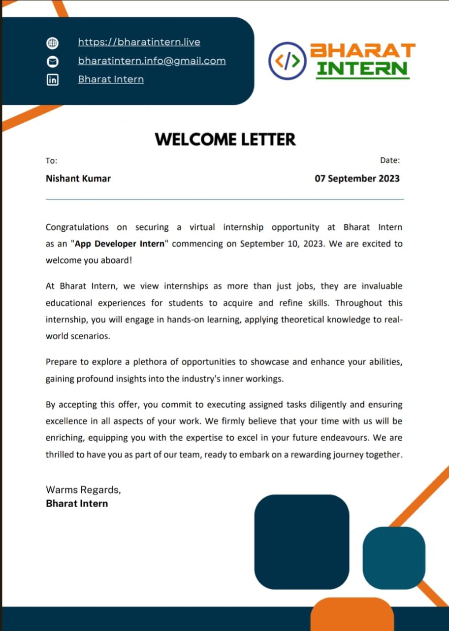 Nishant Kumar on LinkedIn: #bharatintern #internship #appdevelopment Nishant Kumar on LinkedIn: #bharatintern #internship #appdevelopment