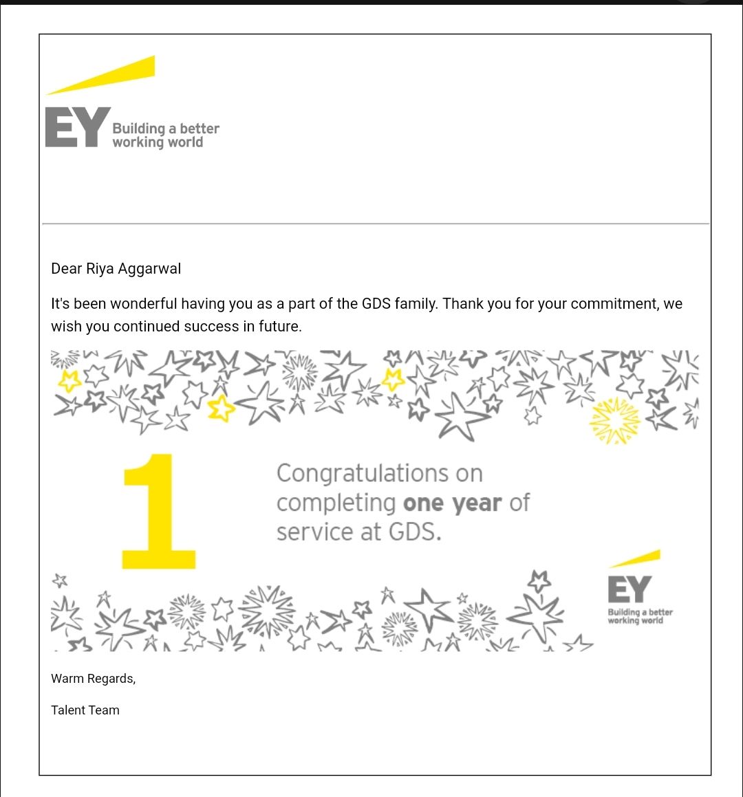 Riya Aggarwal on LinkedIn: #workmilestone #ey #oneyear Riya Aggarwal on LinkedIn: #workmilestone #ey #oneyear