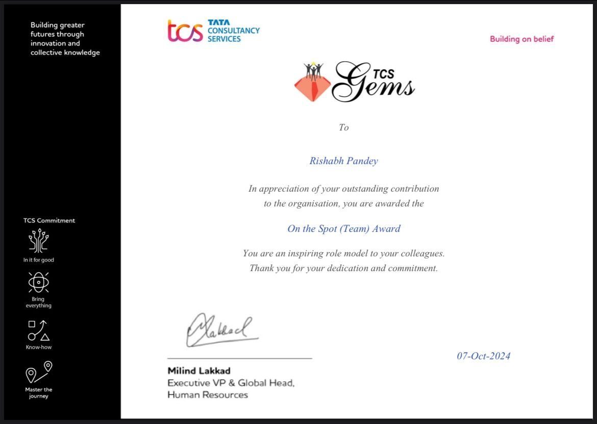 Rishabh Pandey on LinkedIn: #tcs #award Rishabh Pandey on LinkedIn: #tcs #award