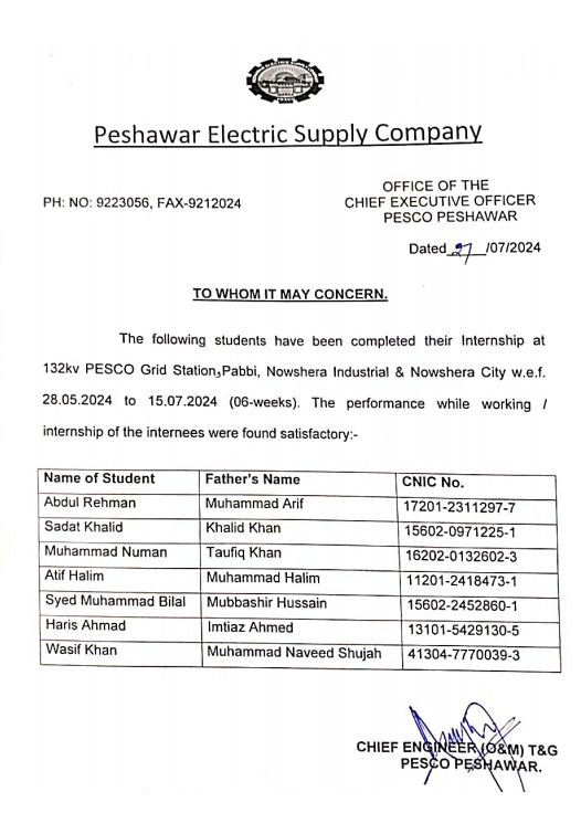Completed 6-week internship at PESCO in energy sector | Abdul Rehman ... Completed 6-week internship at PESCO in energy sector | Abdul Rehman ...