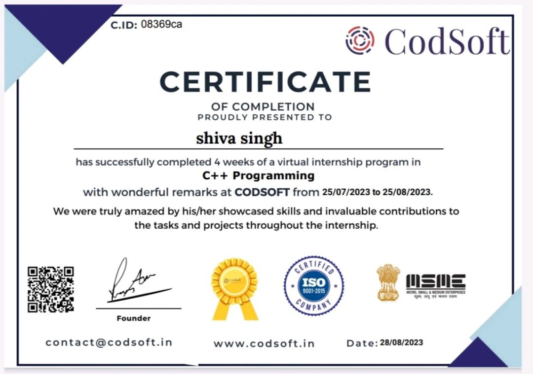 Shiva Singh on LinkedIn: #codsoftinternship #cplusplus #softwaredevelopment Shiva Singh on LinkedIn: #codsoftinternship #cplusplus #softwaredevelopment