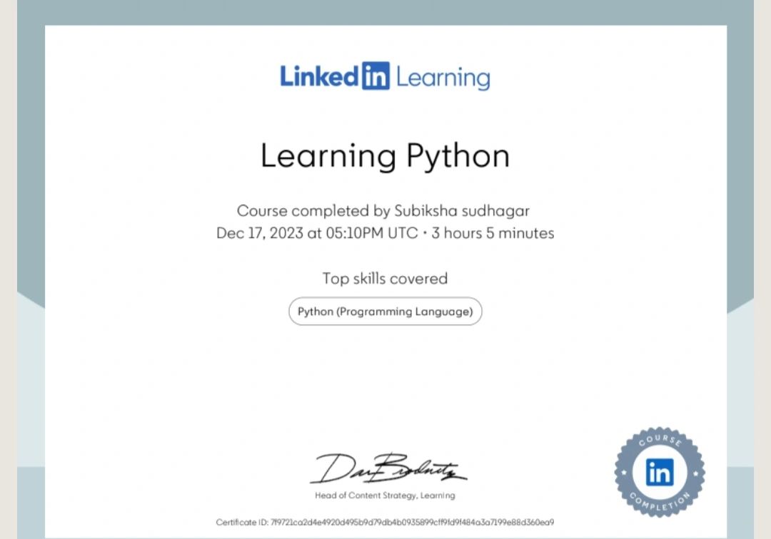 Subiksha sudhagar on LinkedIn: python was done..... Subiksha sudhagar on LinkedIn: python was done.....