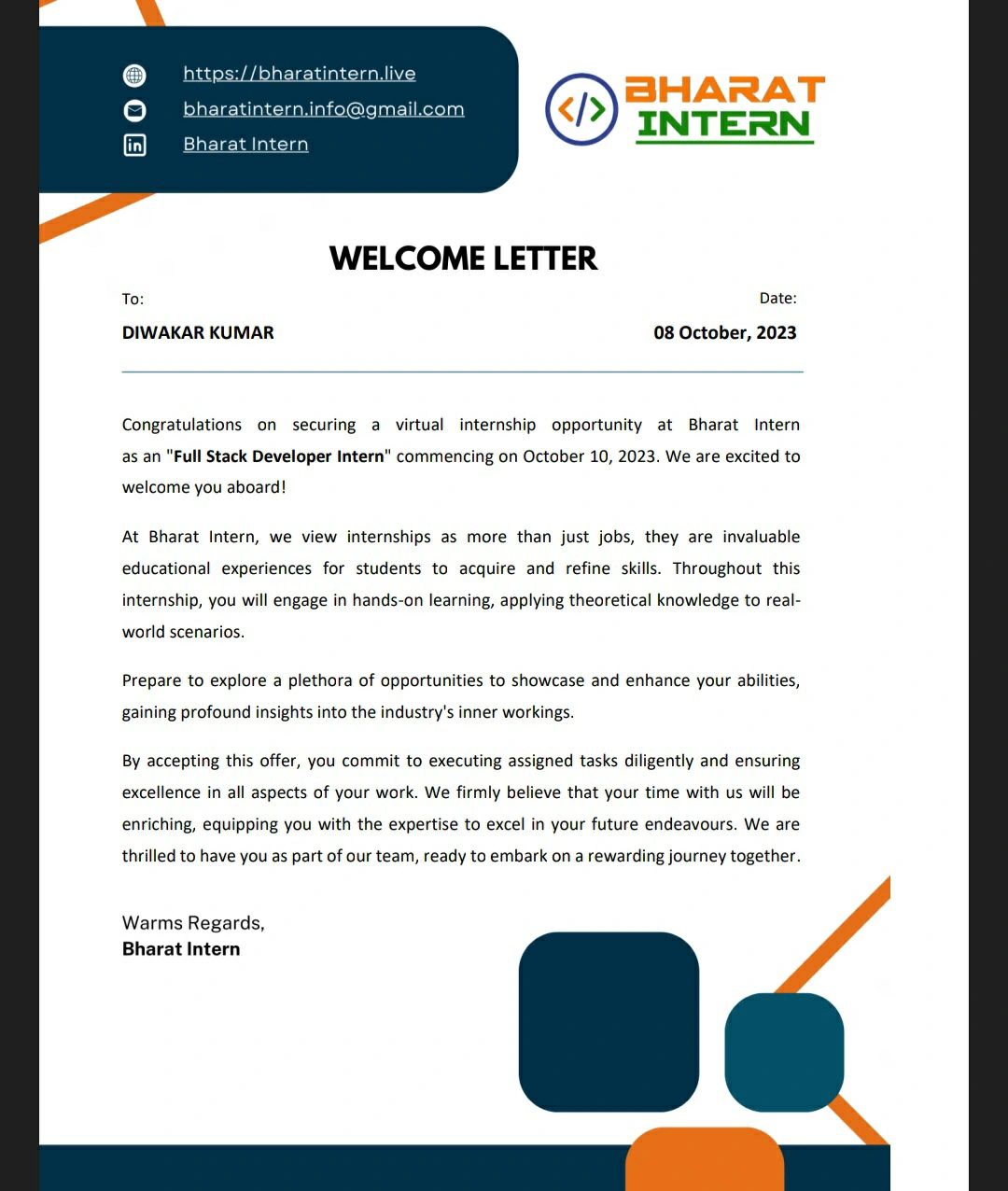 Diwakar Kumar on LinkedIn: #bharat #intership Diwakar Kumar on LinkedIn: #bharat #intership