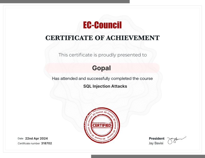 GOPAL MAHALDAR on LinkedIn: #sqlinjection #certification #eccouncil GOPAL MAHALDAR on LinkedIn: #sqlinjection #certification #eccouncil