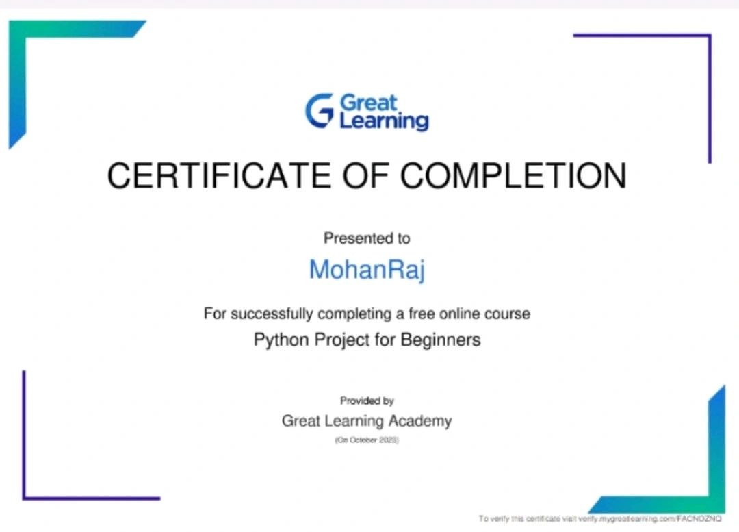 Mohan Raj on LinkedIn: 👉today new certificate finish python project ... Mohan Raj on LinkedIn: 👉today new certificate finish python project ...