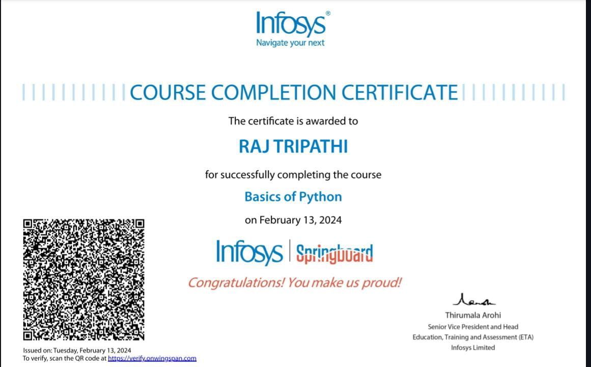 Finished Python certification with Infosysspringboard | RAJ TRIPATHI ... Finished Python certification with Infosysspringboard | RAJ TRIPATHI ...