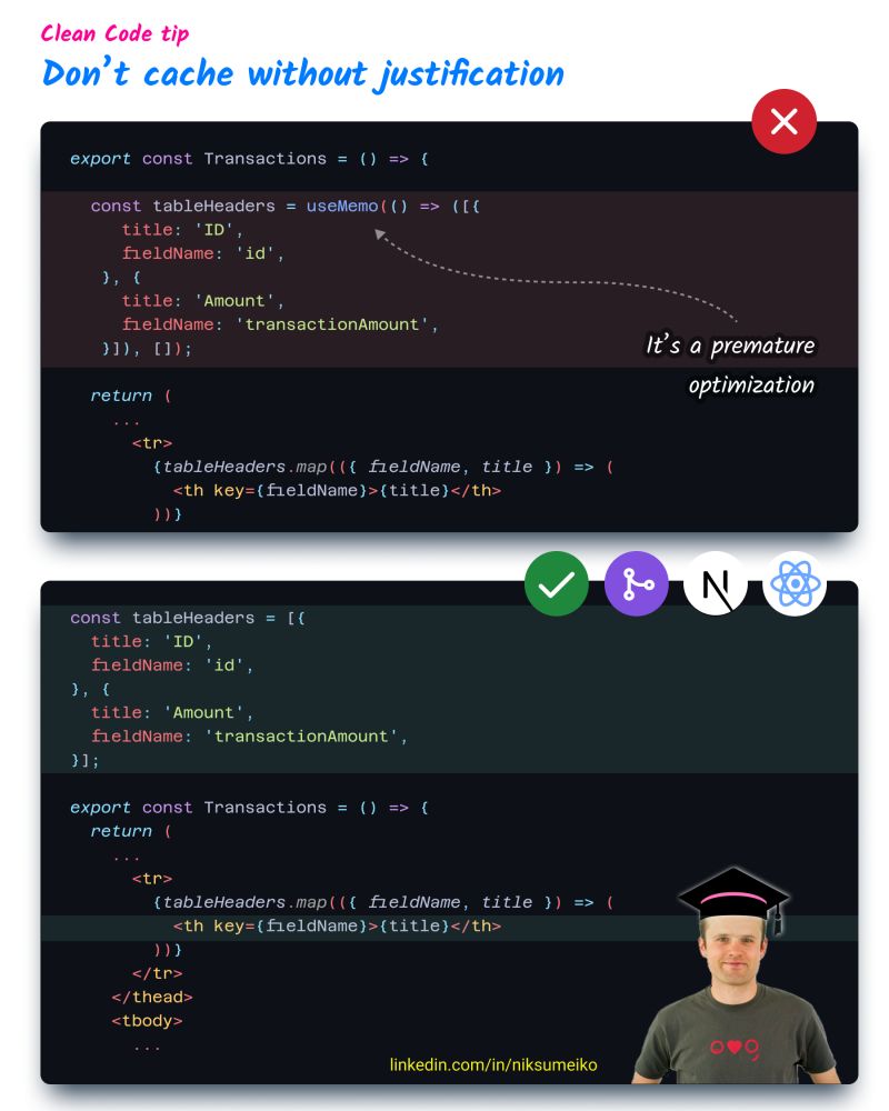 Clean Code Tip (for React/Nextjs developers) Don't cache without… | Nik ... Clean Code Tip (for React/Nextjs developers) Don't cache without… | Nik ...