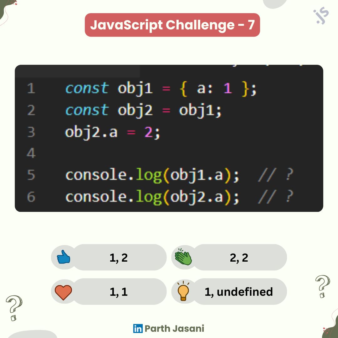 Parth Jasani on LinkedIn: 🚀 JavaScript Challenge of the Day - 7! 🚀 ... Parth Jasani on LinkedIn: 🚀 JavaScript Challenge of the Day - 7! 🚀 ...
