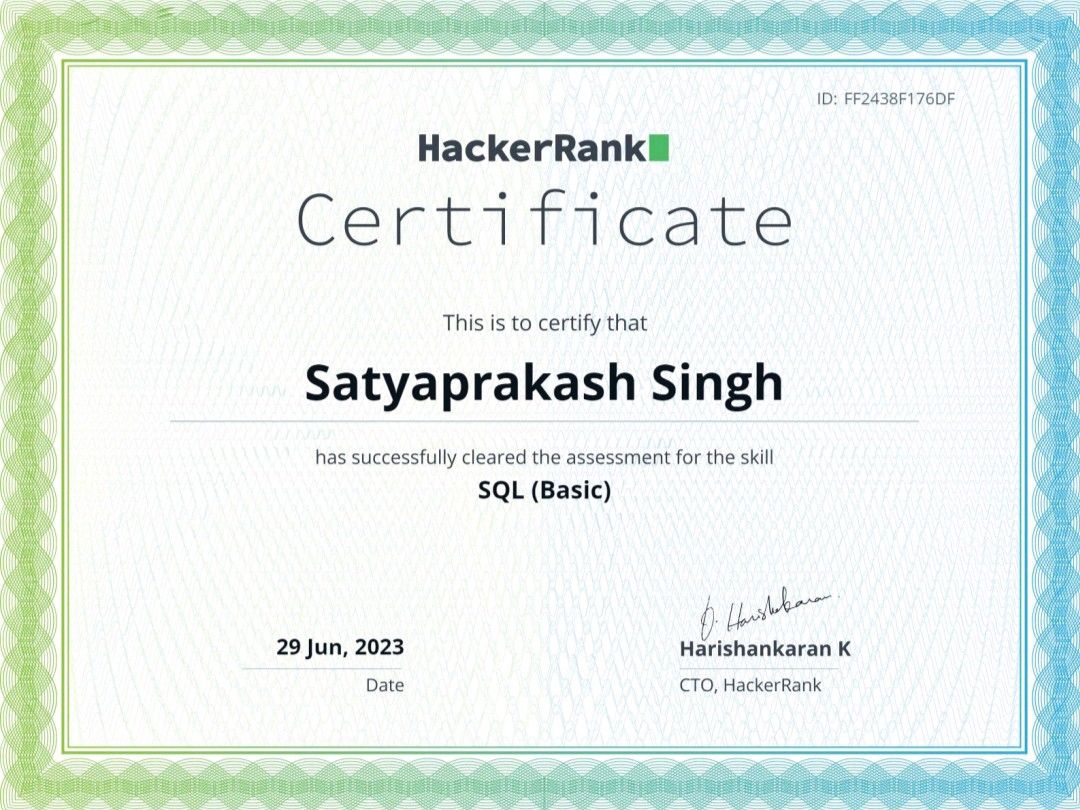 satyaprakash singh on LinkedIn: completed certification in SQL (basic ... satyaprakash singh on LinkedIn: completed certification in SQL (basic ...