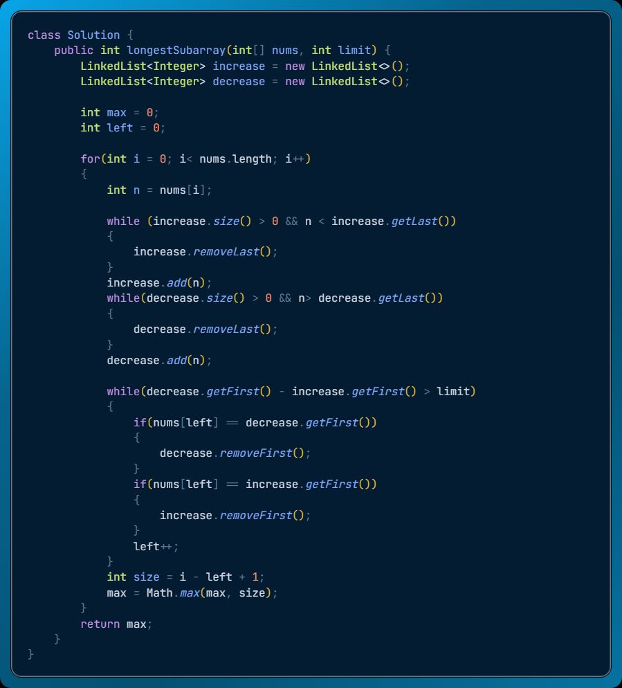 Leetcode 1438: Longest Continuous Subarray | Jagruti Gawade posted on ... Leetcode 1438: Longest Continuous Subarray | Jagruti Gawade posted on ...