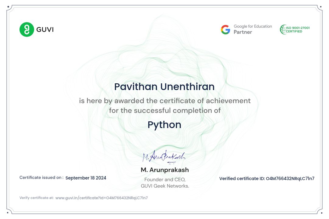 Pavithan Unenthiran on LinkedIn: #python #guvi #certificate #learning # ... Pavithan Unenthiran on LinkedIn: #python #guvi #certificate #learning # ...