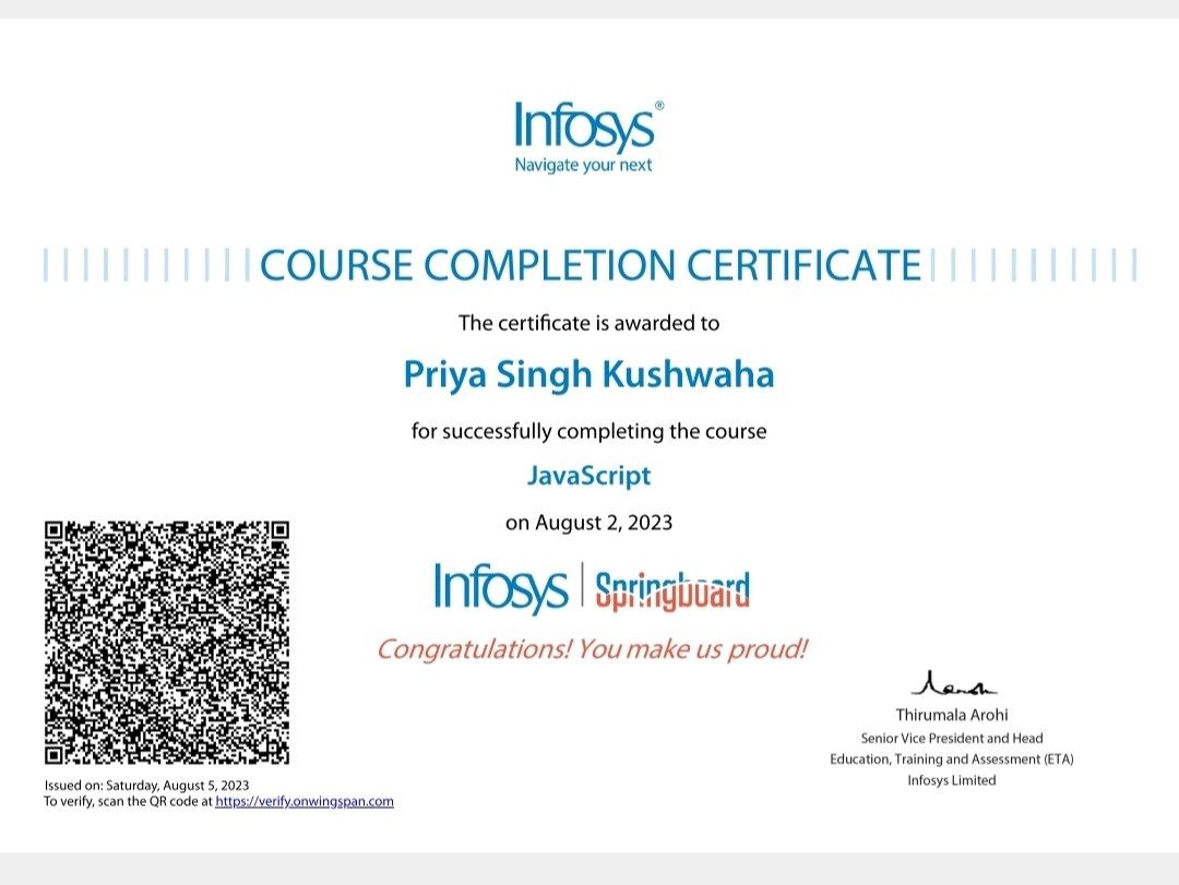 Priya Singh Kushwaha on LinkedIn: I have just completed my javascript ... Priya Singh Kushwaha on LinkedIn: I have just completed my javascript ...