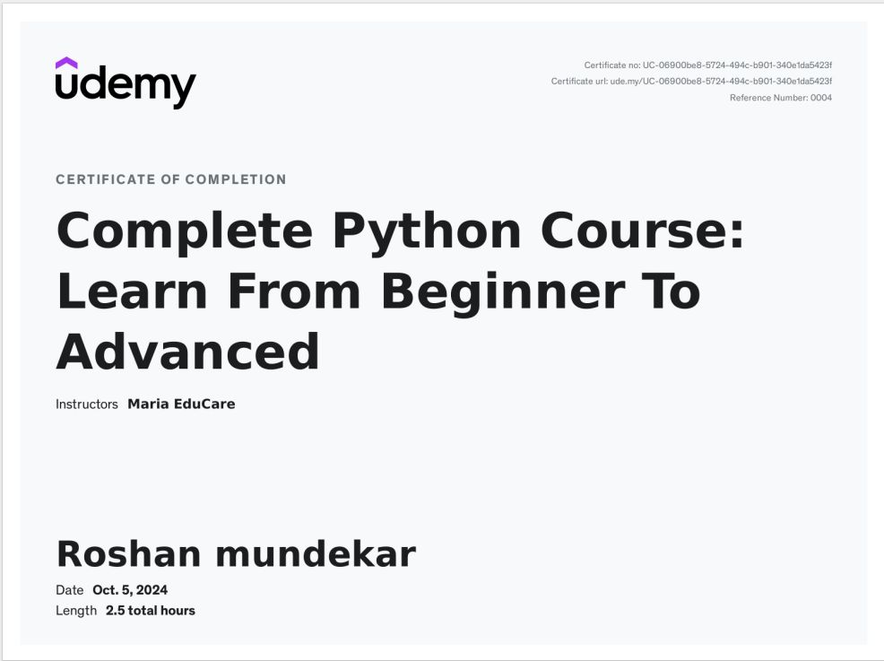 ROSHAN MUNDEKAR on LinkedIn: #python #programming #certification # ... ROSHAN MUNDEKAR on LinkedIn: #python #programming #certification # ...