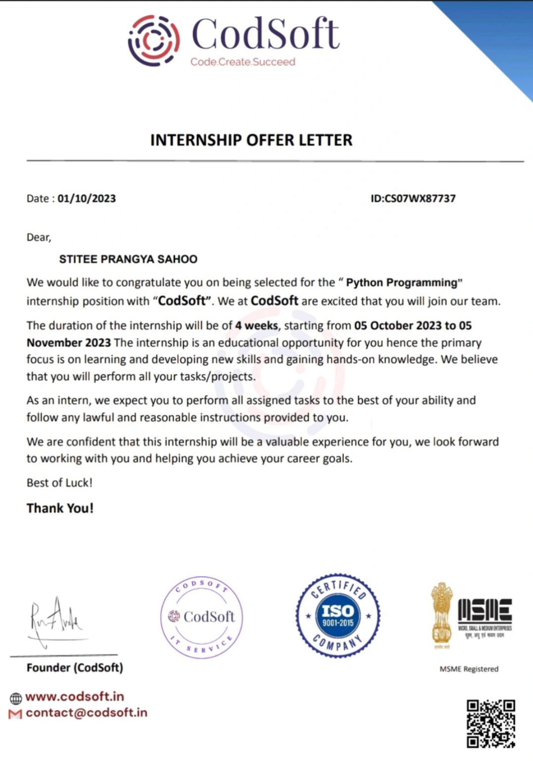 Stitee Prangya Sahoo on LinkedIn: #codsoft #pythonprogramming #internship Stitee Prangya Sahoo on LinkedIn: #codsoft #pythonprogramming #internship