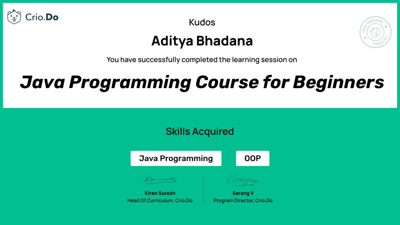 completed java programming successfully | Aditya Bhadana completed java programming successfully | Aditya Bhadana