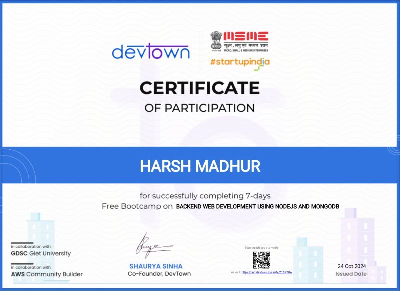 Harsh Madhur on LinkedIn: BACKEND WEB DEVELOPMENT USING NODEJS AND ... Harsh Madhur on LinkedIn: BACKEND WEB DEVELOPMENT USING NODEJS AND ...